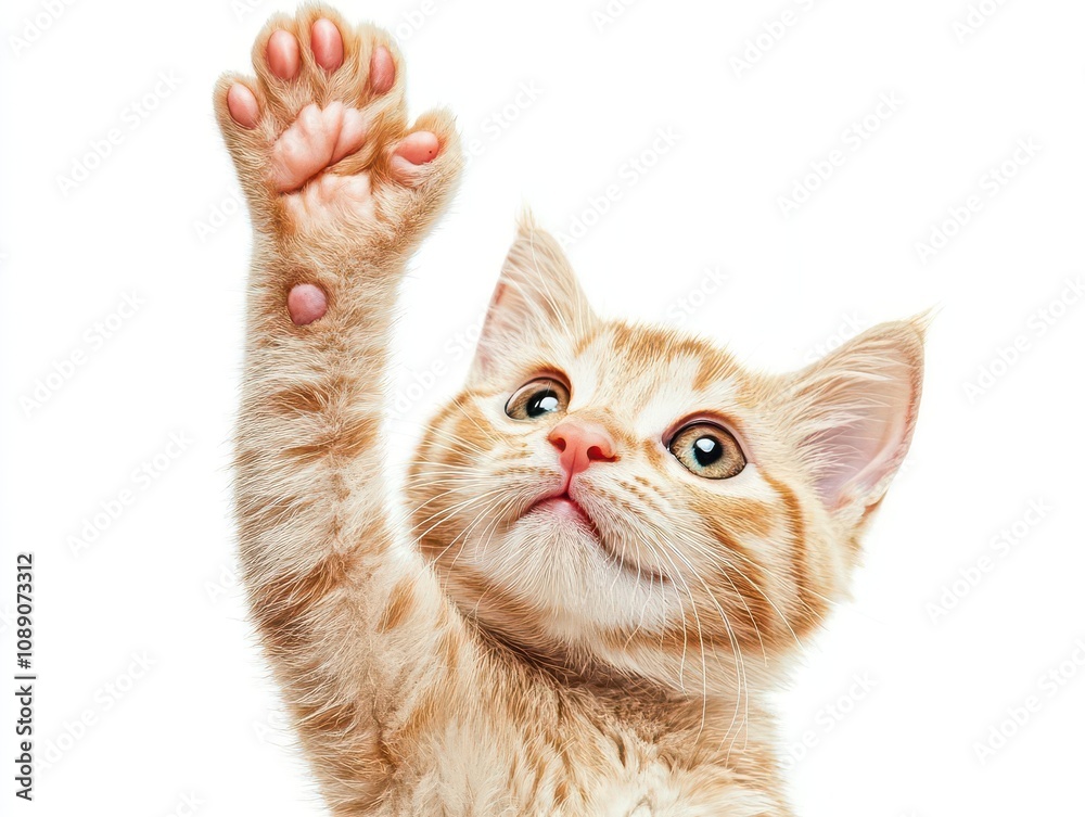 playful cat reaching up to give a high five, isolated on a clean white ...