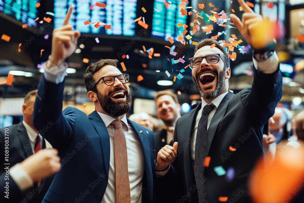 Traders in suits celebrating a major stock market victory, confetti ...