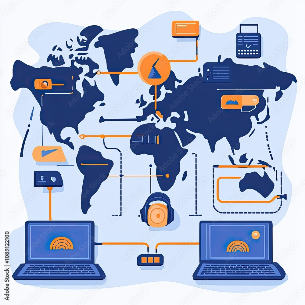 ภาพประกอบสต็อก visually simple flat art showing remote working network setup, laptops, headsets ...