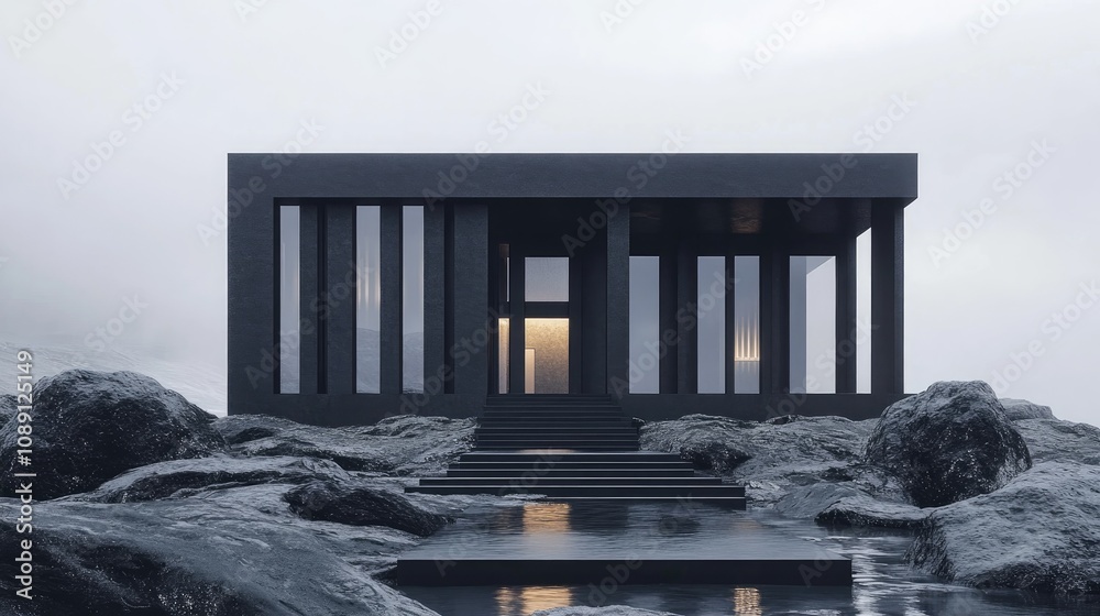 Neoclassical black house with grand columns set on rocky terrain ...