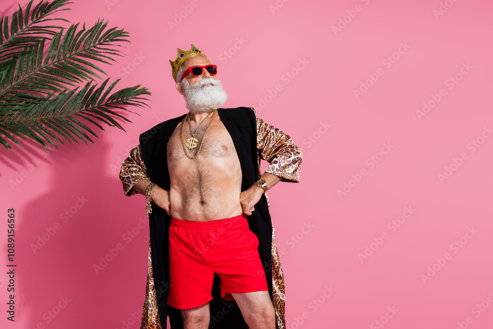Photo of cool old man confident pose golden crown beach wear glamour ...