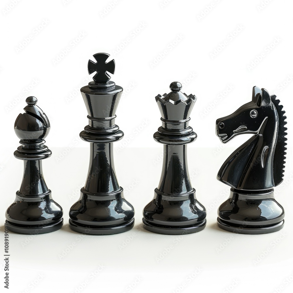 Four black chess pieces bishop rook queen and knight stand in a row ...