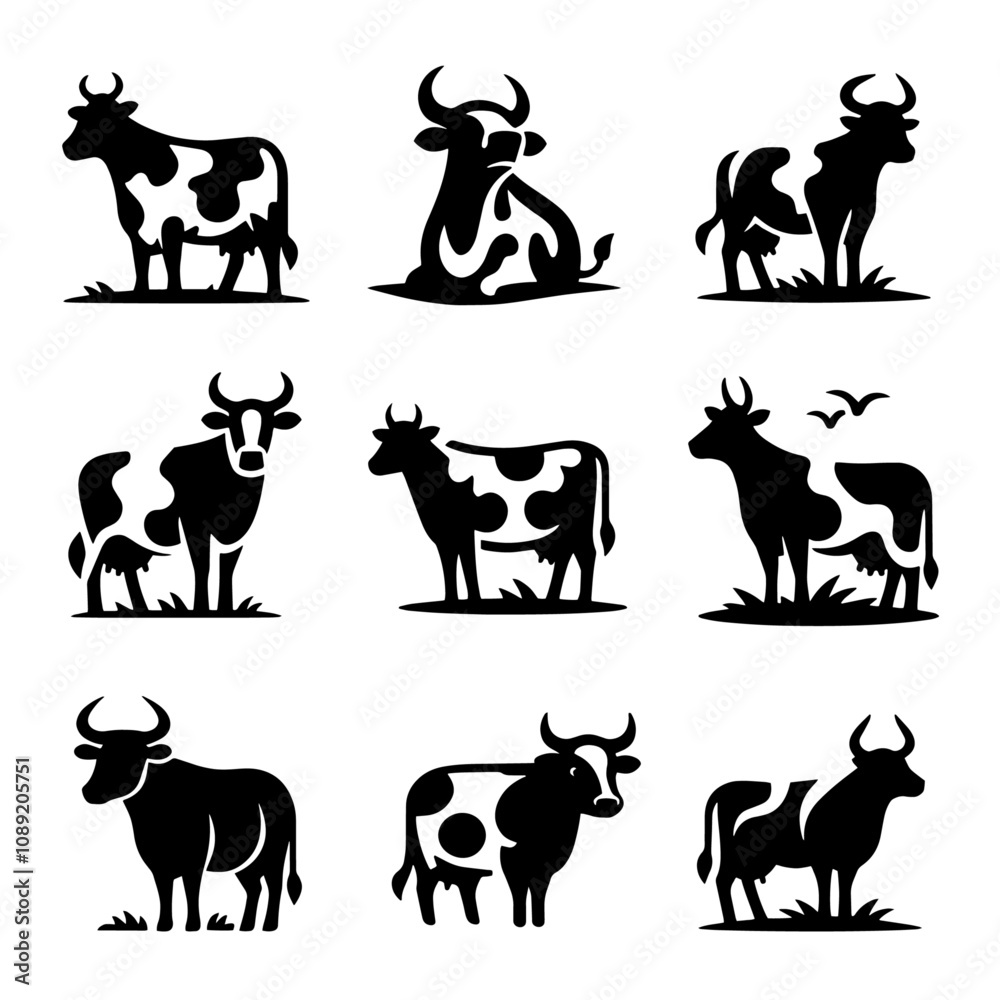 Collection of Nine Cow Silhouettes: Dairy Farm Animals Graphics. Black ...