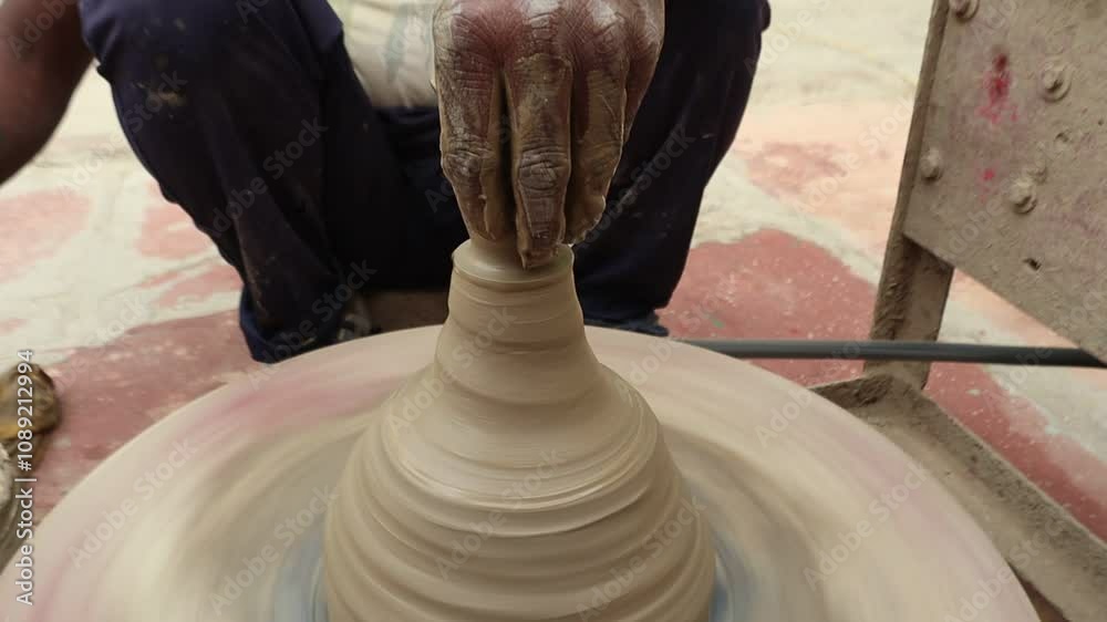 Traditional potter crafting clay pots on a wheel, showcasing intricate ...