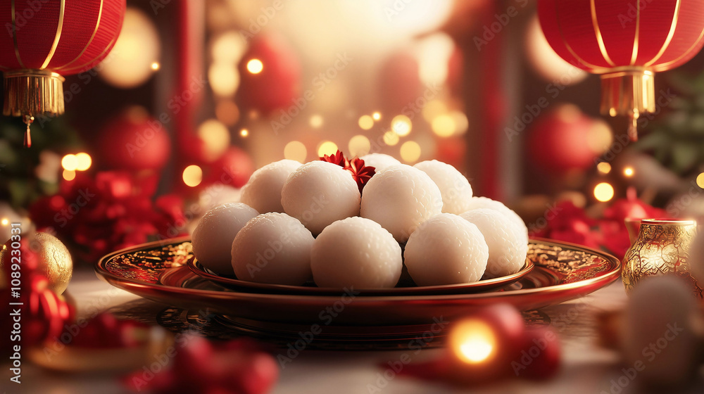 Plate of Chinese glutinous rice balls arranged on an ornate red and ...