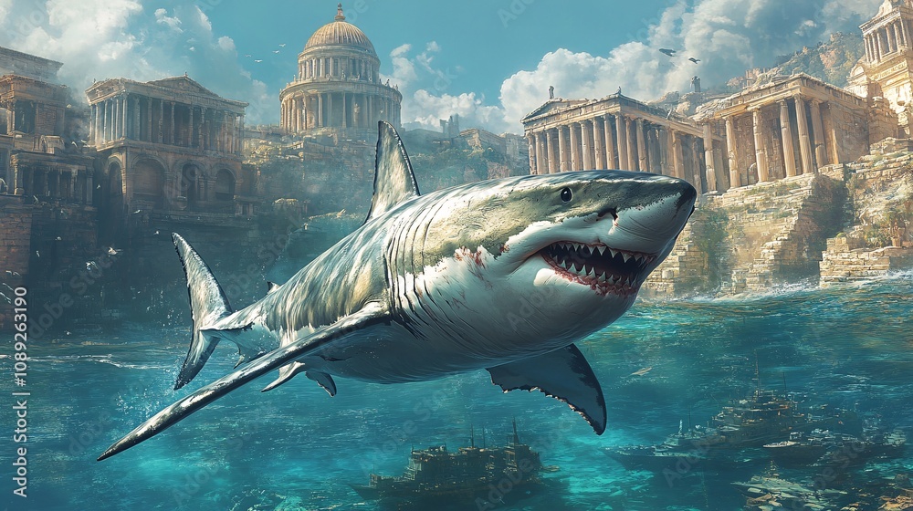 great white shark underwater in deep ocean greek acropolis temple and ...