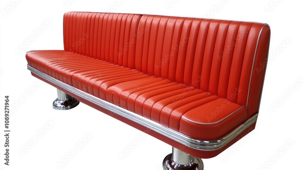 Retro diner bench with vibrant red vinyl upholstery and sleek chrome ...