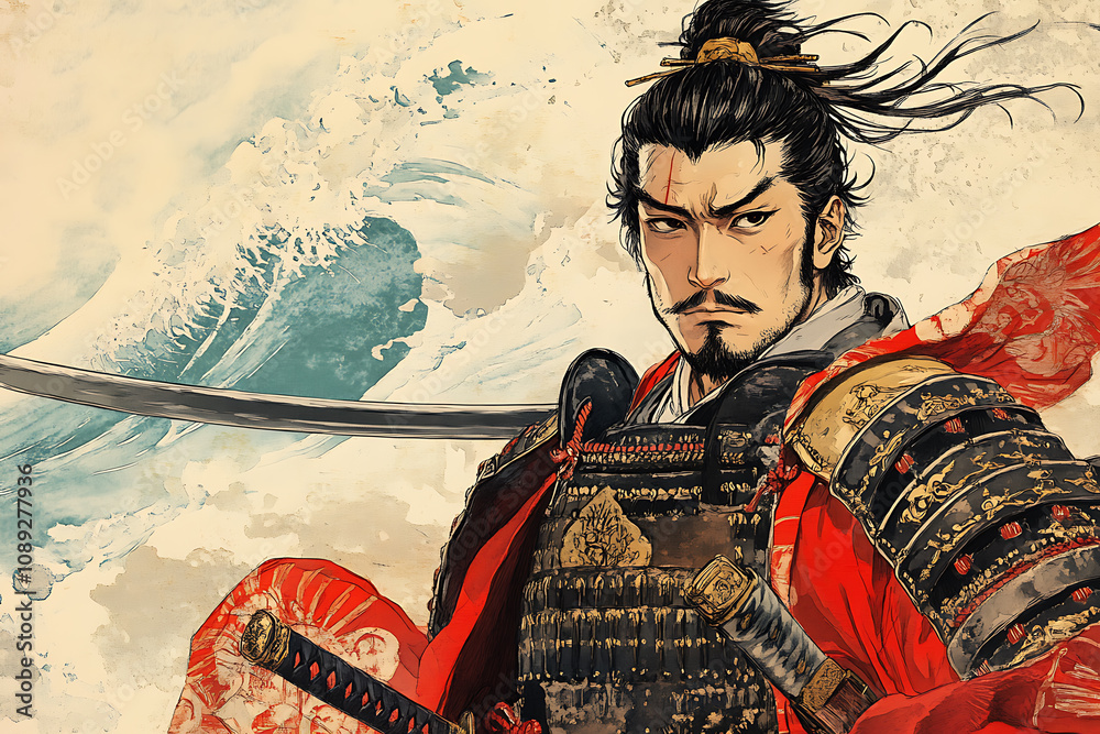 The illustration depicts Oda Nobunaga, the legendary 16th-century ...