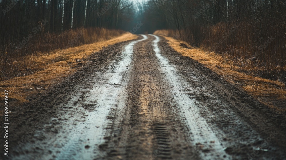 Mud-covered rural road with visible tire tracks, flanked by dark trees ...