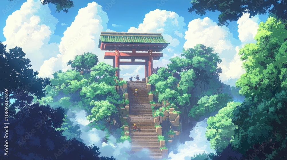 Retro 8-bit anime-style mountain shrine with characters climbing the ...