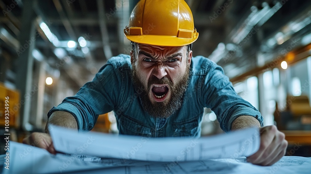 Frustrated construction worker in a hard hat yelling over blueprints ...