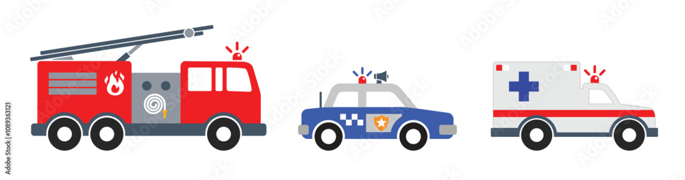 simple emergency vehicle set fire engine truck ambulance police car ...