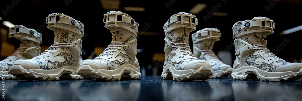 Combat boots in a tactical design are arranged neatly on a counter ...