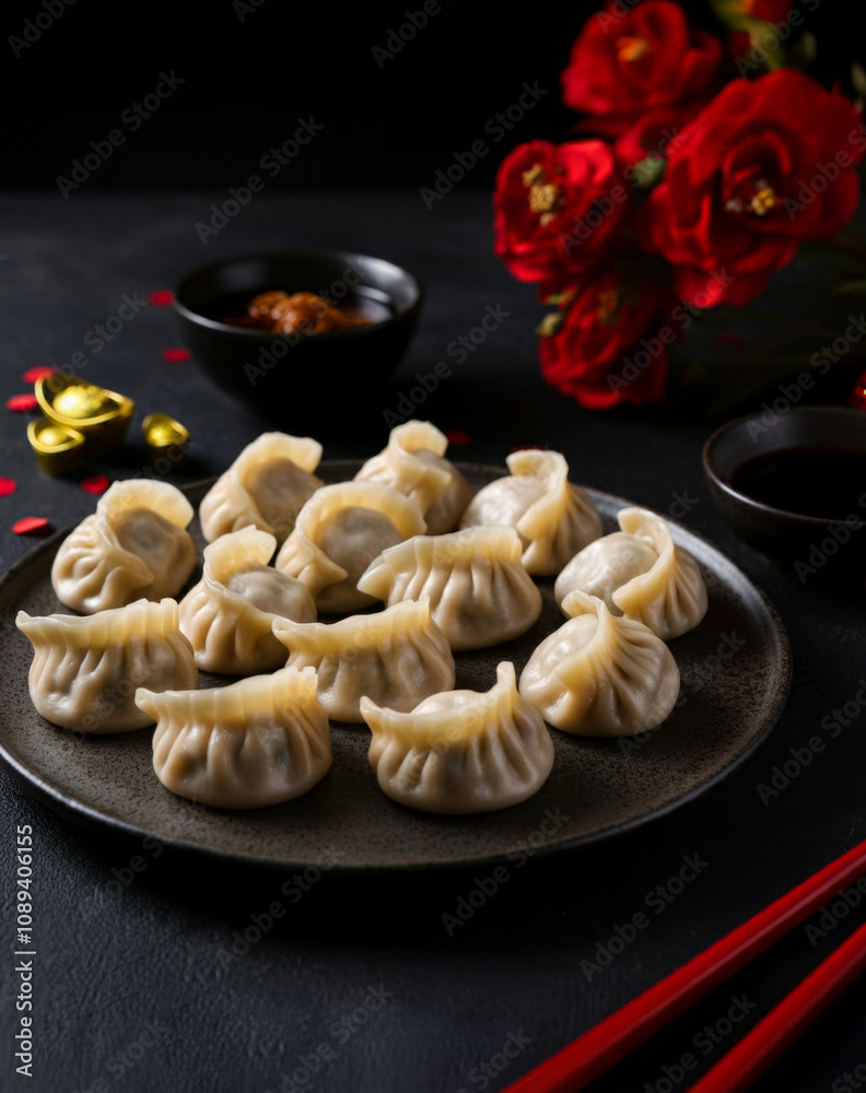Lunar New Year food dumplings. Dumplings have the shape of ingots the ...