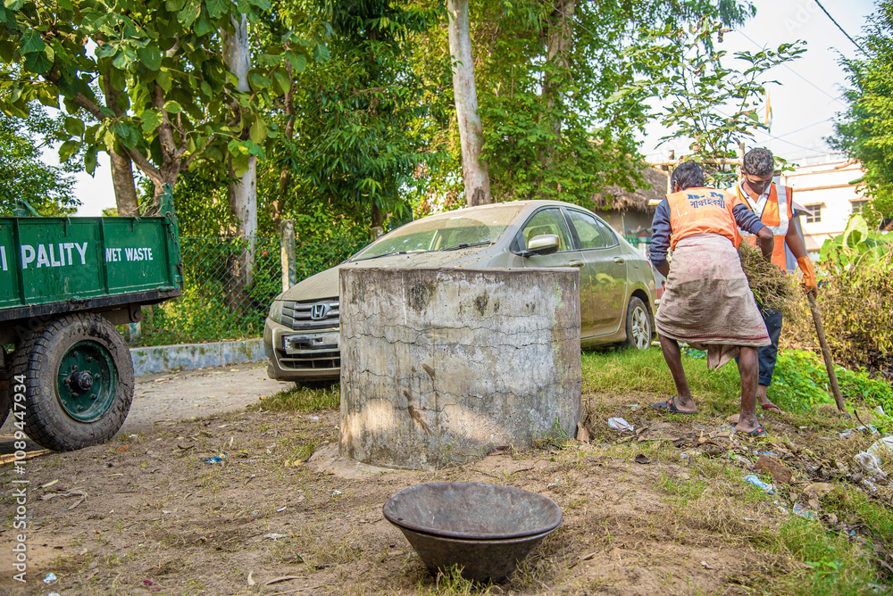 Poster Worker collect garbage bins with Garbage collection truck – Wall ...