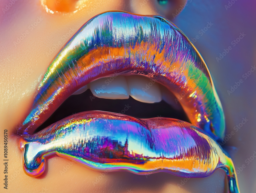 Iridescent lips with chrome dripping, holographic, close-up in in ...