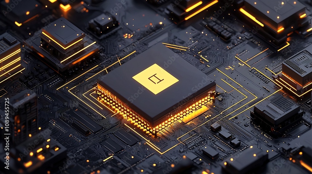 Cutting edge chip with a central neon yellow logo surrounded by glowing ...