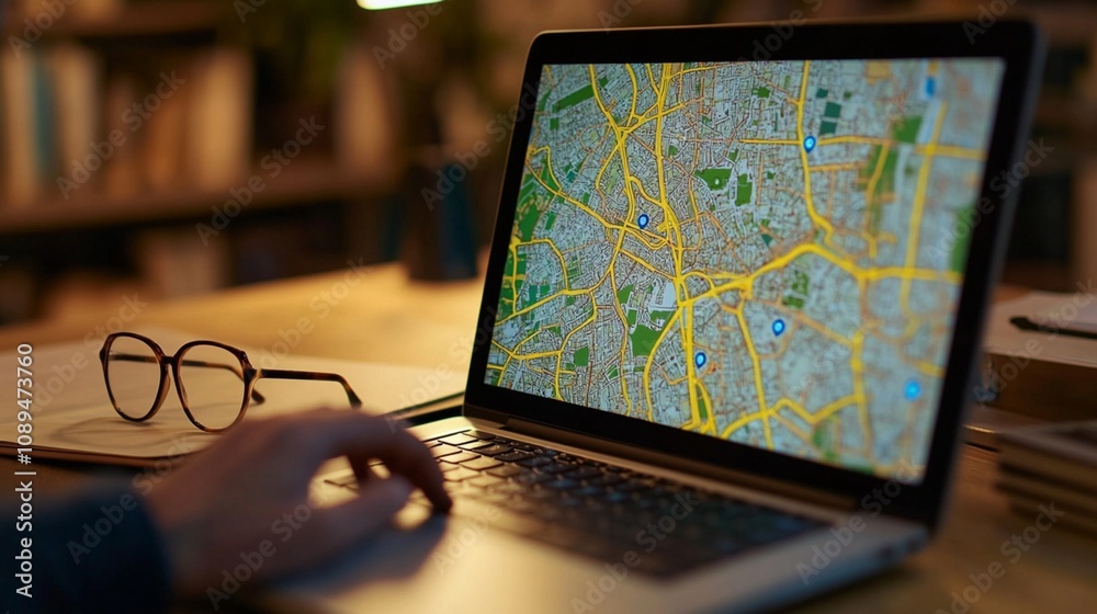 Laptop Displaying Digital Map with Location Markers Stock Photo | Adobe ...