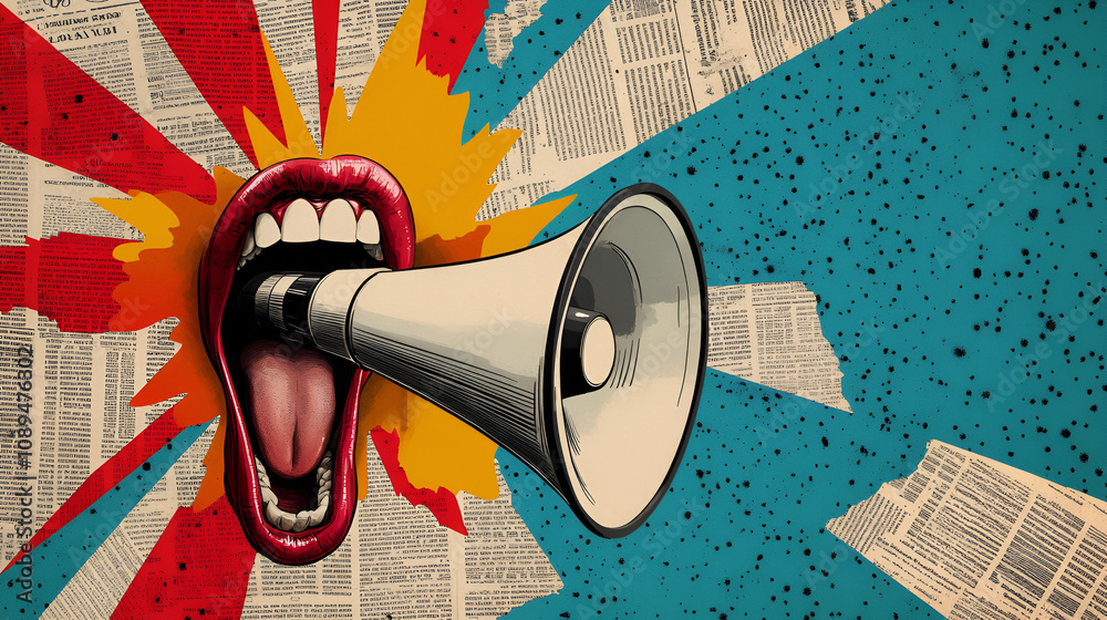 Pop art modern collage with screaming mouth and bullhorn. Halftone ...