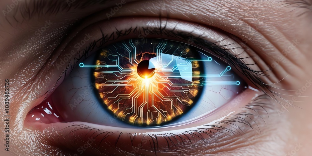 A human eye with a glowing digital interface, connected to neural ...