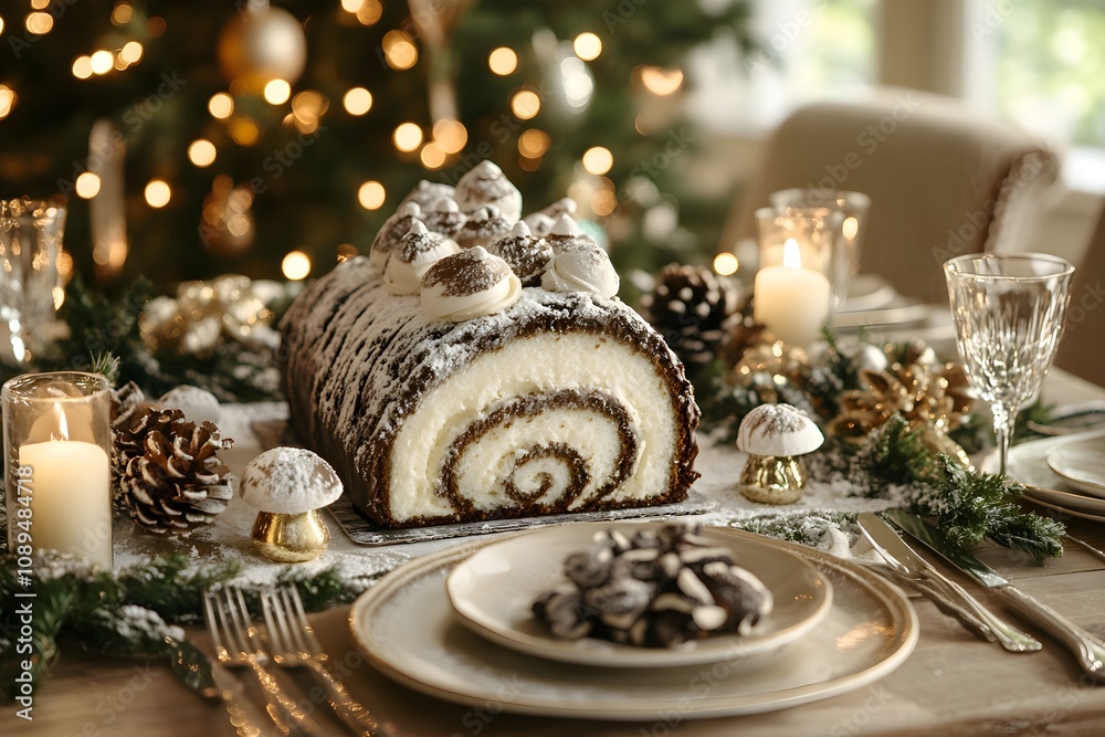 Elegant Bûche de Noël, yule log, styled as a snowy forest with cream ...
