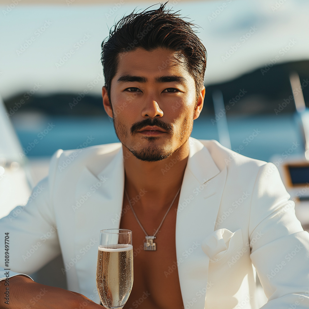Handsome Japanese man with short hair and a mustache, wearing a white ...