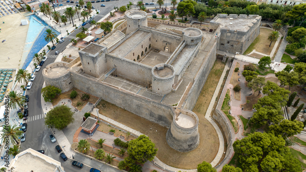 Aerial view of the castle of Manfredonia, in Puglia, Italy. It is a ...