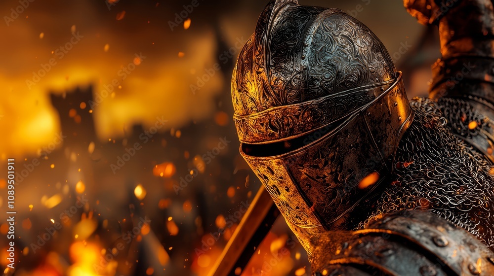 a knight in full armor, holding a sword in front of a blazing fire ...