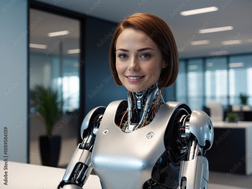 A humanoid robot woman receptionist with sleek, futuristic design ...