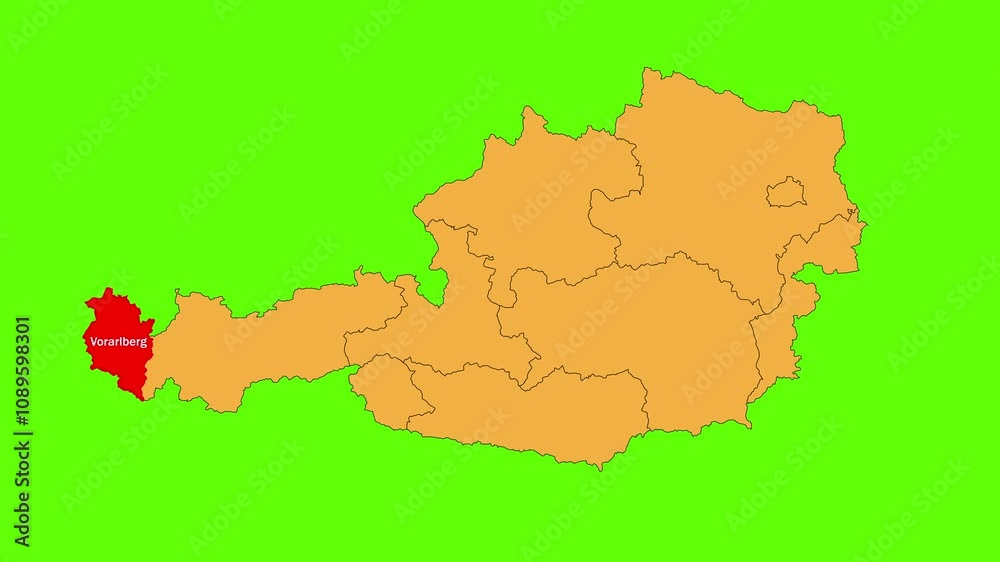 Vorarlberg map animated video. The location is highlighted on the Austria map. Colour map with ...