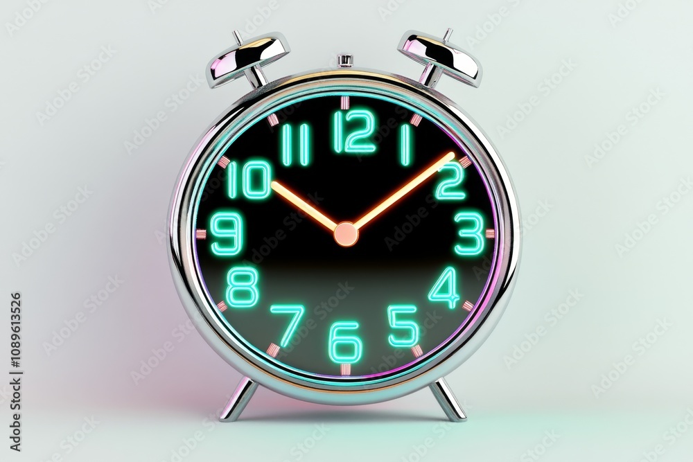 Clock alarm in a futuristic 3D design, with a rotating digital face and ...
