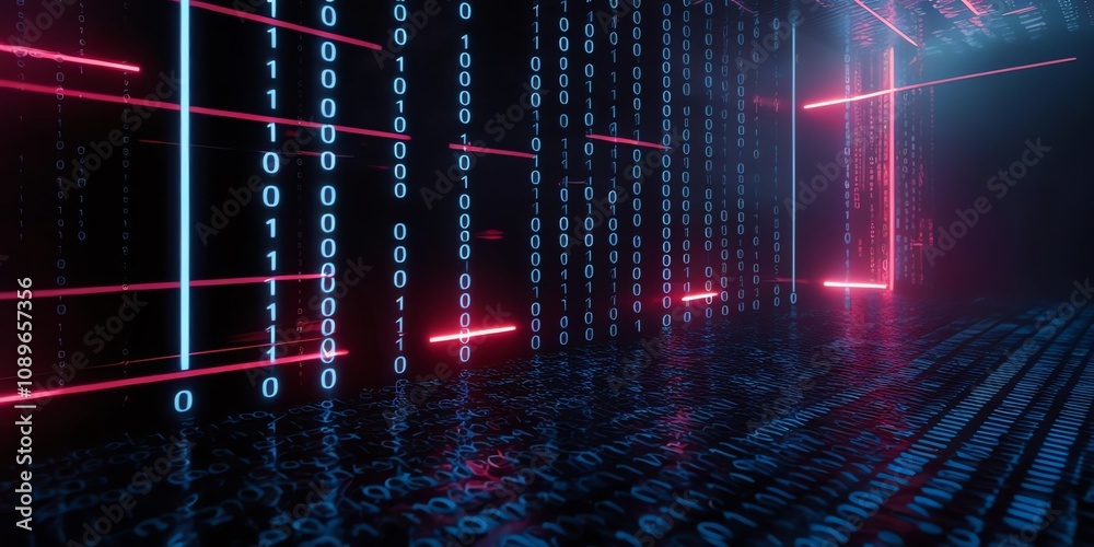 Binary code sequences floating through a digital space, with neon ...