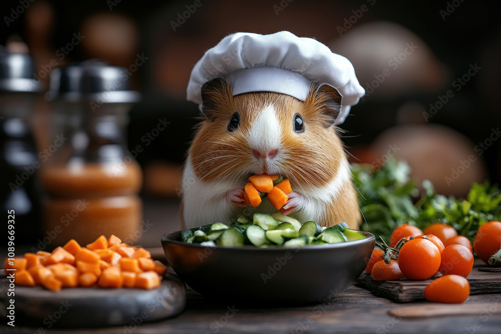 his funny image shows a guinea pig dressed as a chef, with a white chef ...