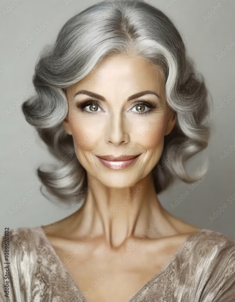 Portrait Of A Very Beautiful Mature Woman With White Hair And Dressed