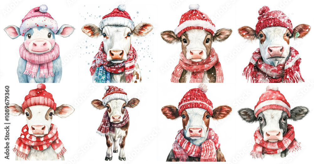 Cute Cows in Winter Hats and Scarves Watercolor Illustration - Adorable ...