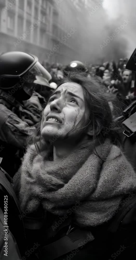Black and white image of a distressed woman amidst a chaotic protest ...