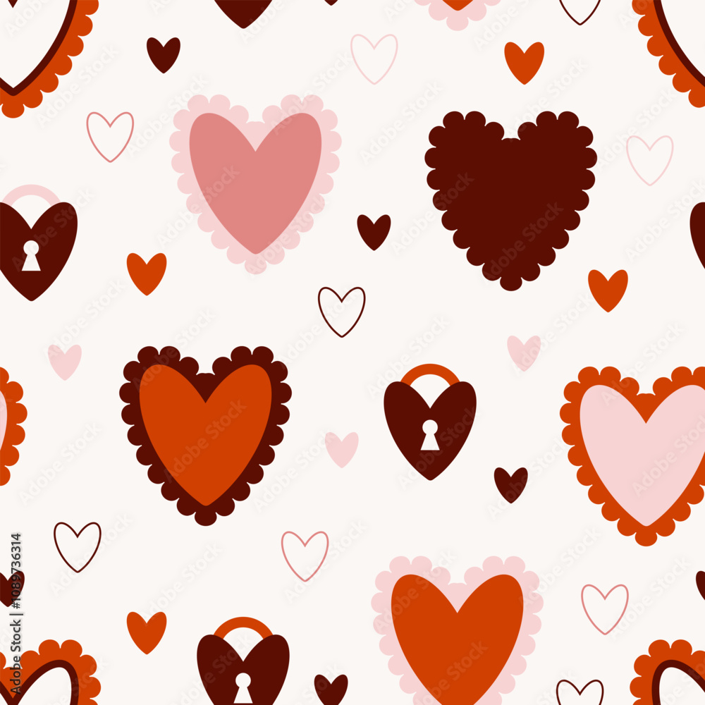 Seamless pattern with linear hearts, hearts with ruffles, and locks in ...