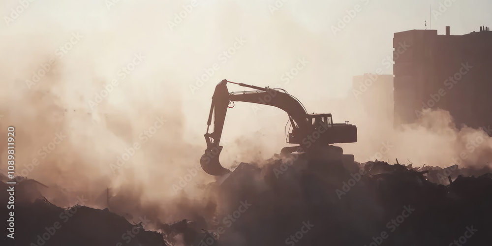 Demolition of Building with Excavator in Action. Heavy machinery ...