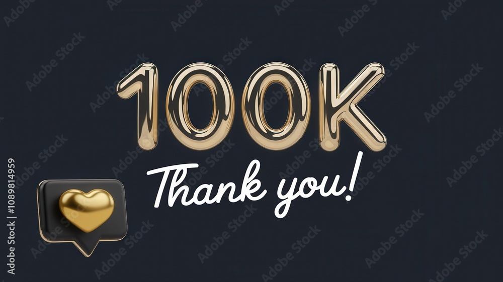 Golden '100K Thank You!' balloon decor with heart emoji symbol ...