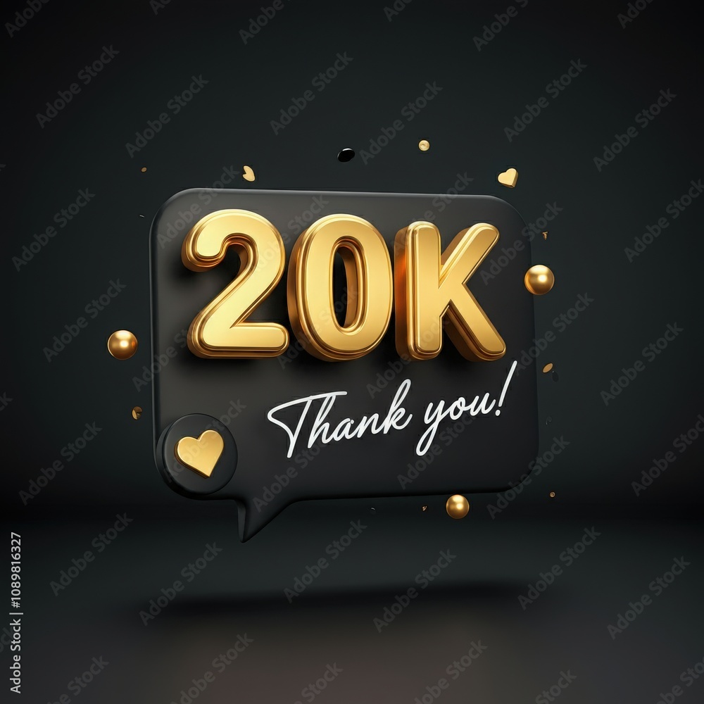 Golden '20K Thank You!' balloon design with heart emoji and confetti ...