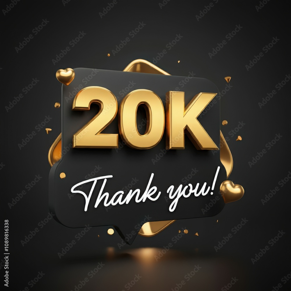Golden '20K Thank You!' balloon design with heart emoji and confetti ...