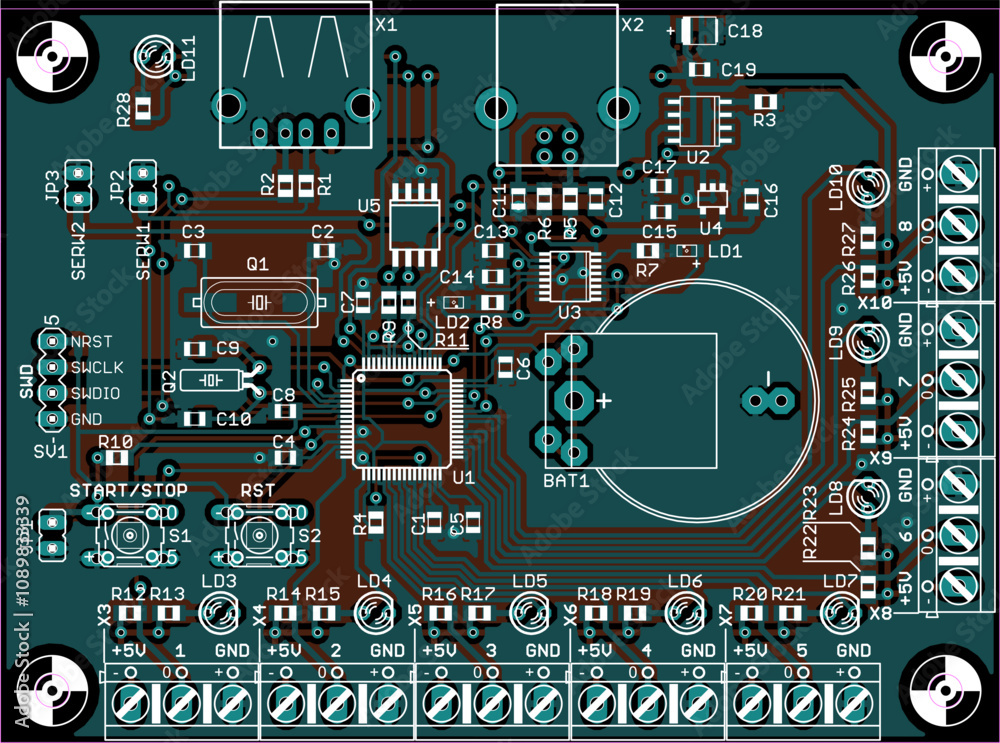 Vector printed circuit board of electronic device with components of ...