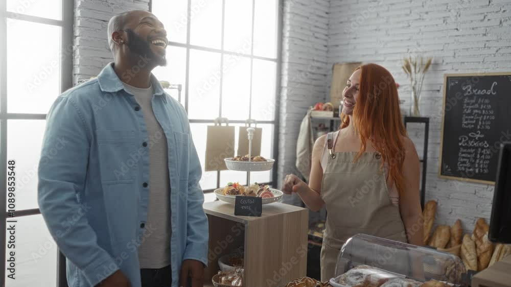Woman baker and man customer engaging in pleasant conversation inside a ...