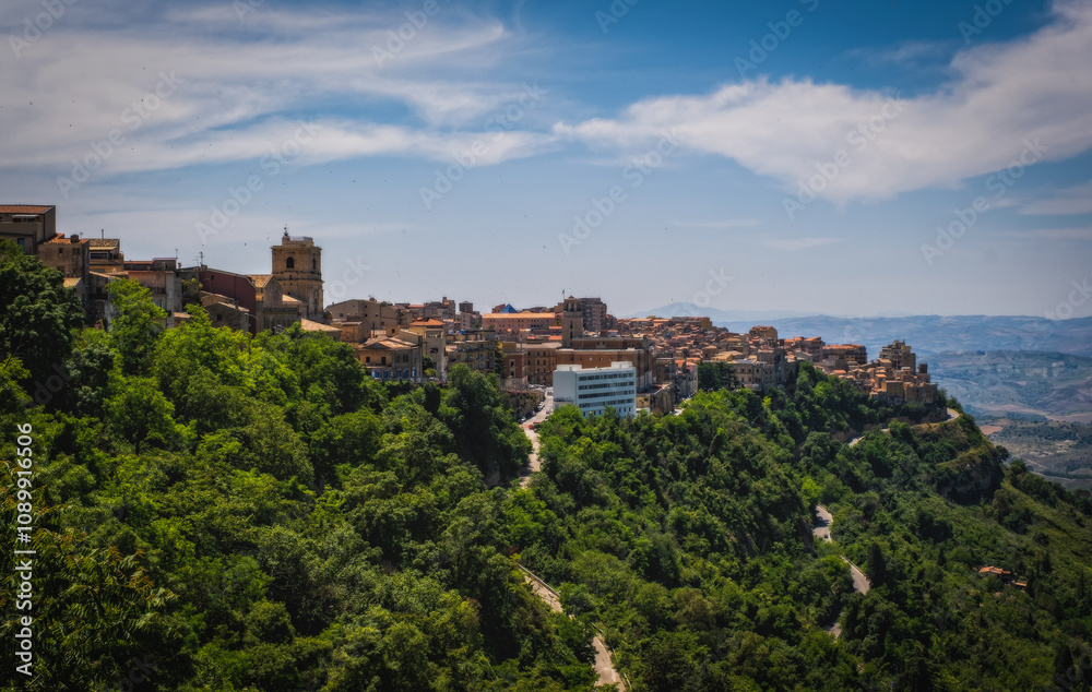 Picturesque panoramic aerial view of Enna old town, Sicily, Italy. Enna ...