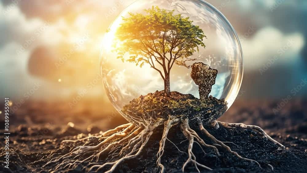 Protecting Our Planet: A sapling tree thrives inside a fragile glass ...