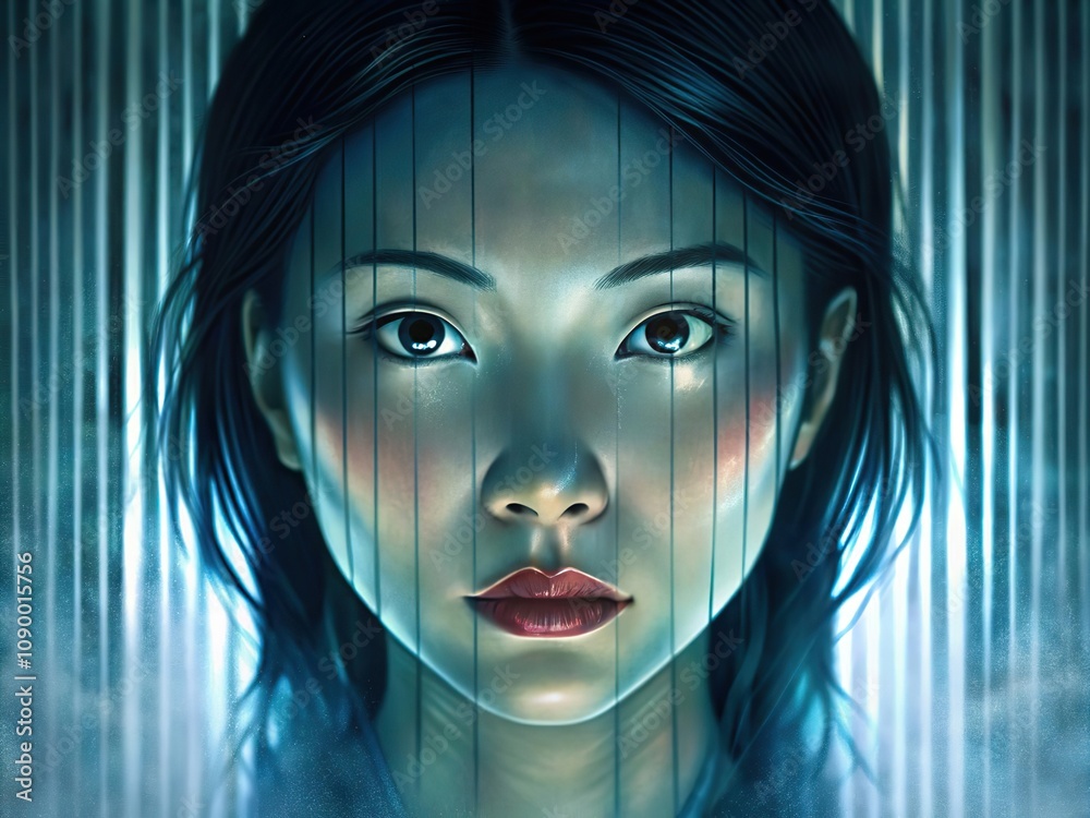 Abstract woman portrait with glass texture. Glitched and corrupted ...