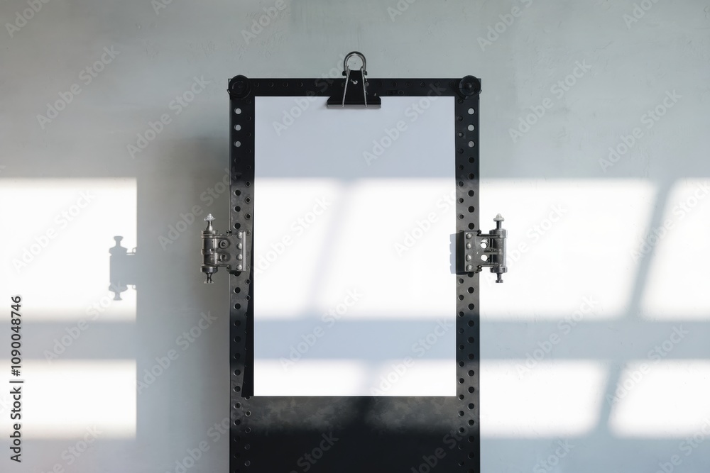 White poster on black industrial stand set against clean grey wall ...