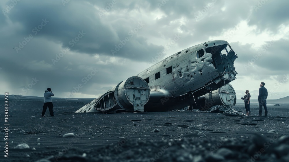 Plane crash. The plane is covered in ash and debris from its crash on a ...
