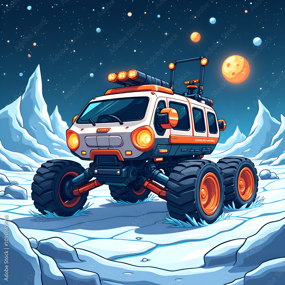Advanced all terrain vehicle roaming an icy alien landscape under a ...