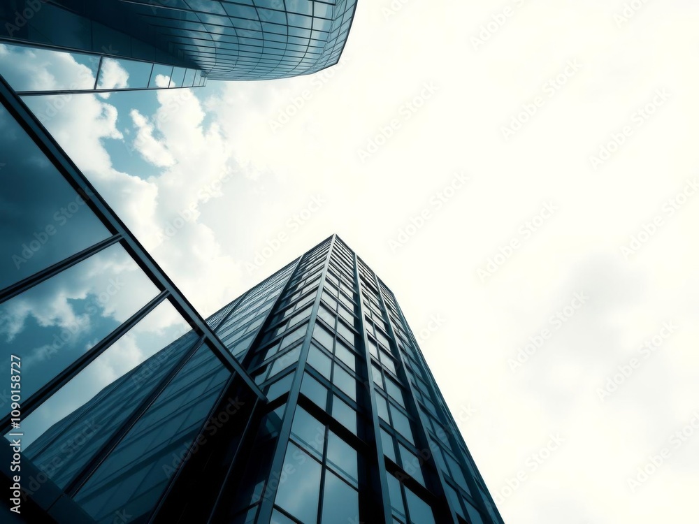 High rise building corner with dark steel window system reflecting ...